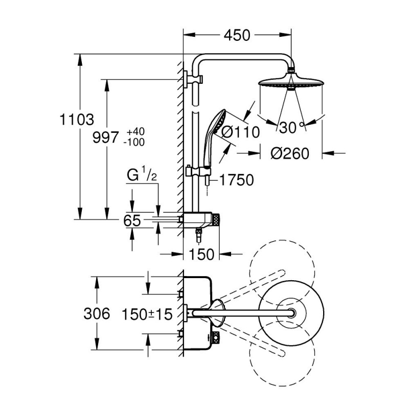 Grohe Euphoria Smartcontrol Zestaw prysznicowy natynkowy termostatyczny z deszczownicą chrom ...